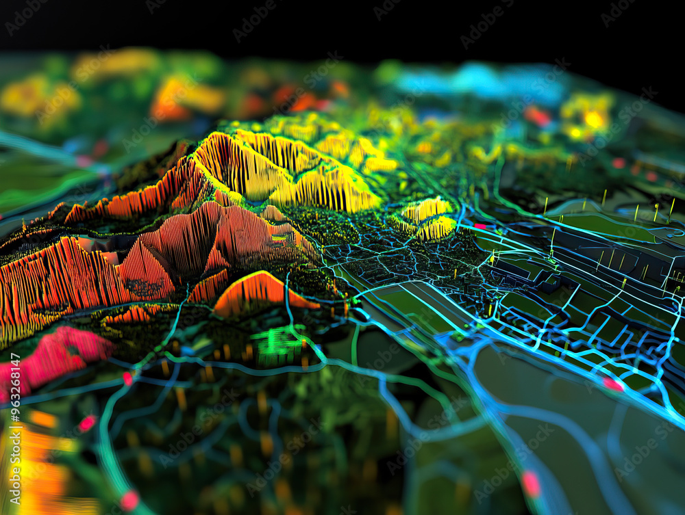 Technical aerial visual, 3D LiDAR GIS aerial map satellite scan model ...
