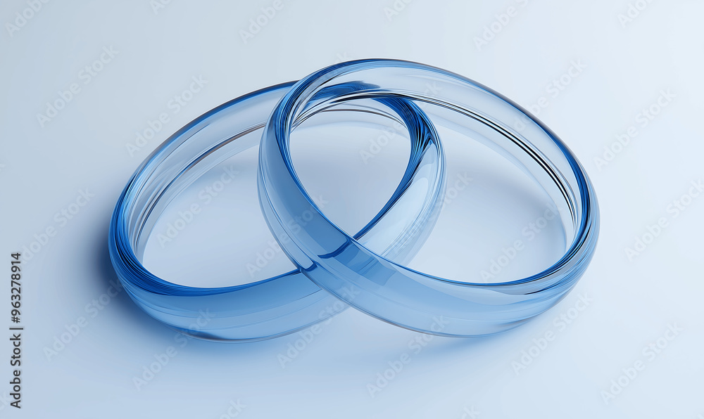 Abstract 3D rendering of two interlocking glass rings in a translucent ...