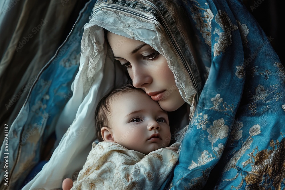 Holy Virgin Mary in a traditional blue and white robe, holding baby ...