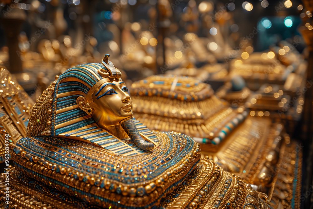 An ancient Egyptian sculpture or mask face in a museum exhibition. Face ...