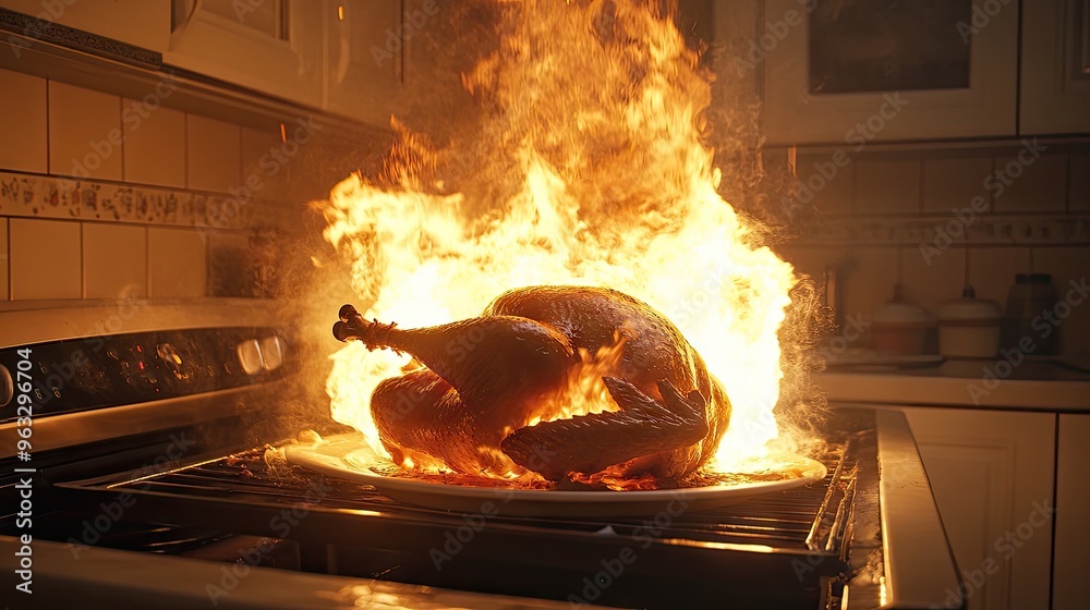 Kitchen mishap with a roast turkey catching fire, smoke billowing from ...