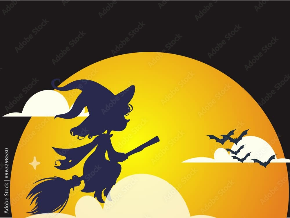 animation of Cartoon Witch Silhouette Flying Broom Past Orange Moon ...