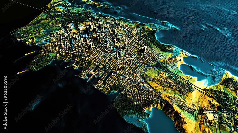 Technical aerial visual, 3D LiDAR GIS aerial map satellite scan model ...