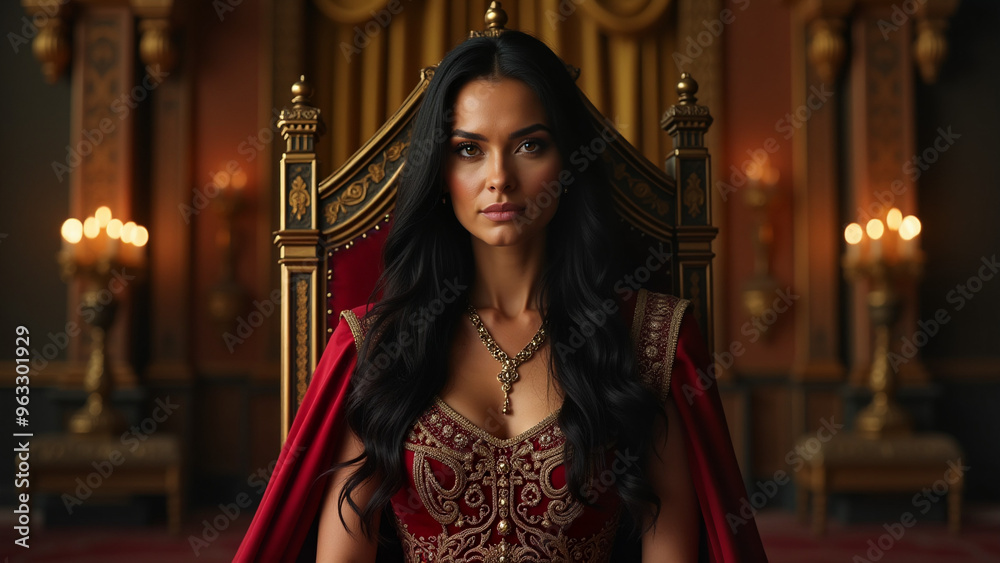 In a grand, opulent palace, a regal queen with long, flowing raven hair ...