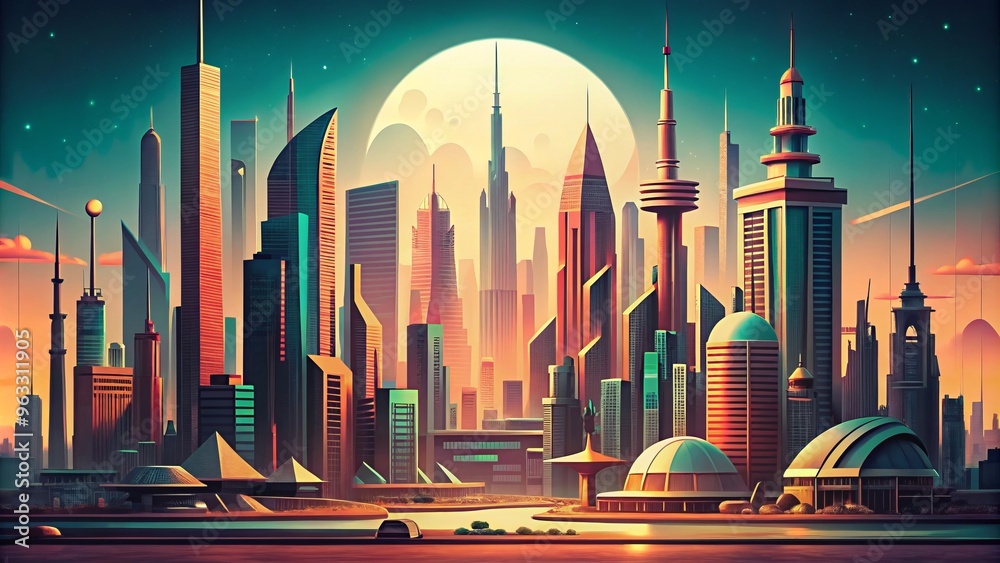 Vintage style design mock up retro futuristic cityscapes Stock ...