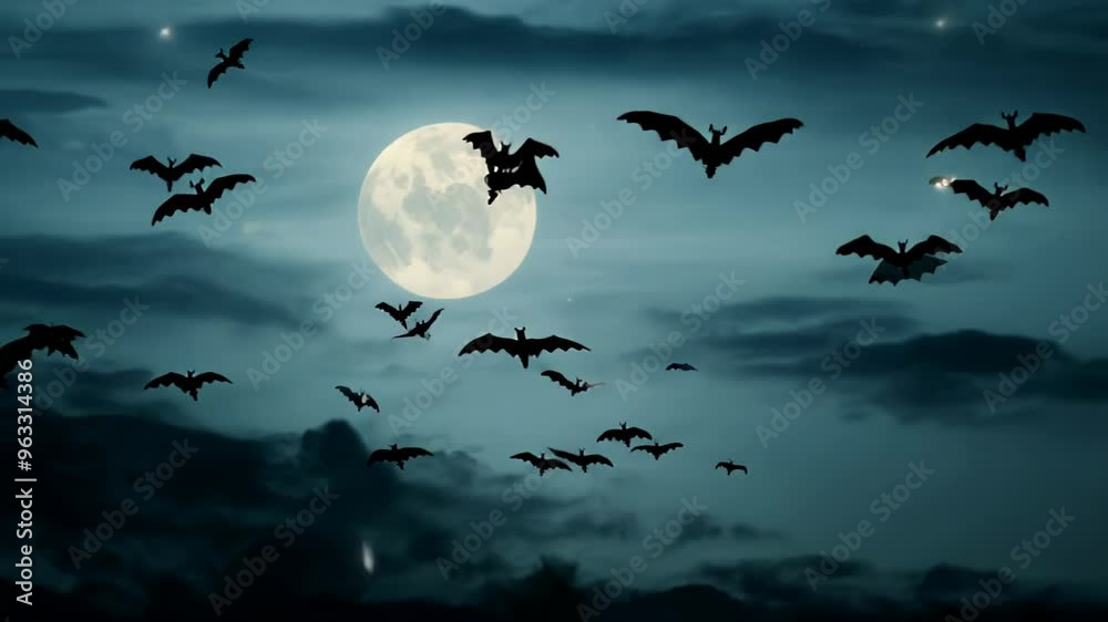 Silhouettes of bats flying across a full moon in a dark, cloudy night ...