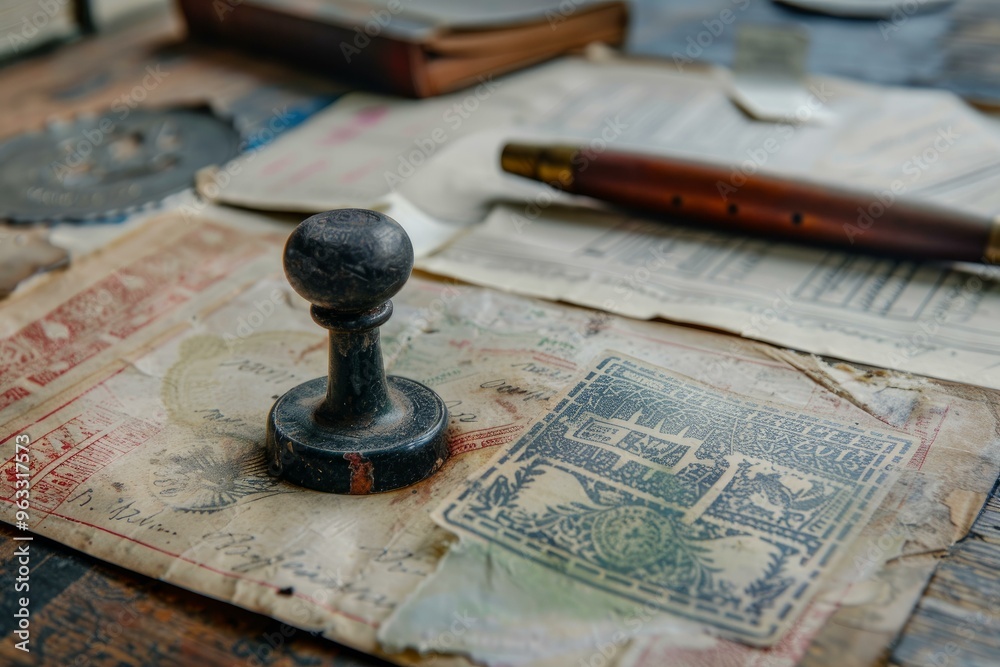 Close up of an old rubber stamp sitting on top of important documents ...