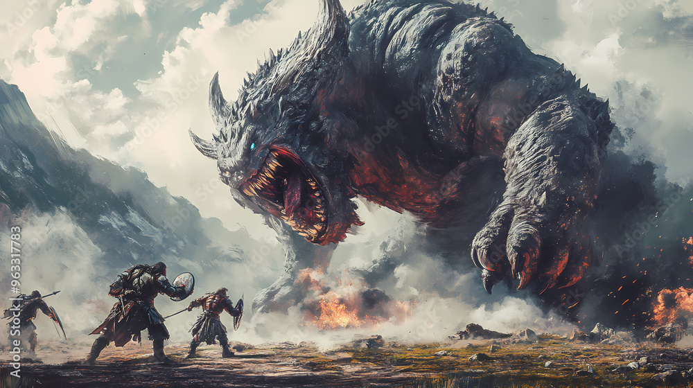 Warriors confronting a giant monster. epic battle against the beast ...