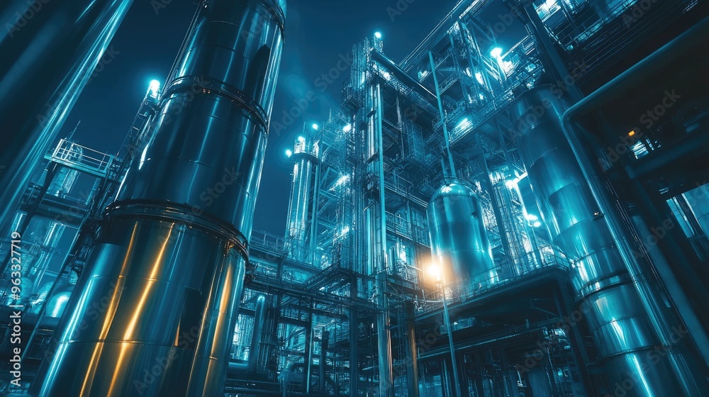 Industrial machinery at a hydrogen plant, with towering steel tanks and ...