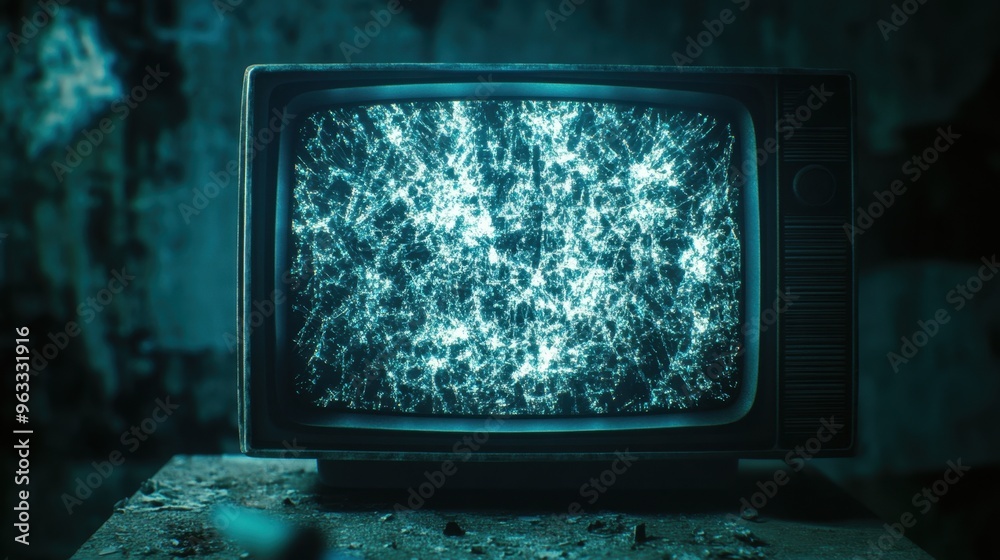 Distorted static noise effect on a damaged television screen, evoking a ...