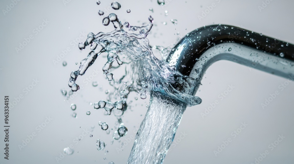 Water splash captured mid-air, coming from a metal tap, suspended ...