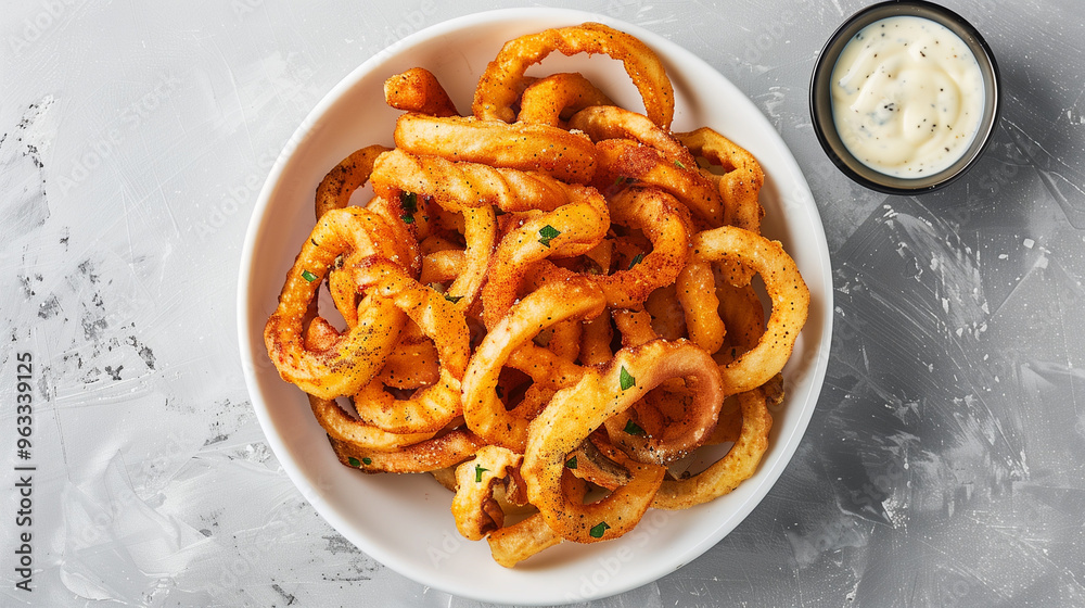 Top-down shot of curly fries in modern white bowl, seasoned with spices ...