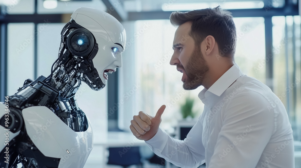 A man passionately arguing with a humanoid robot in a modern office ...