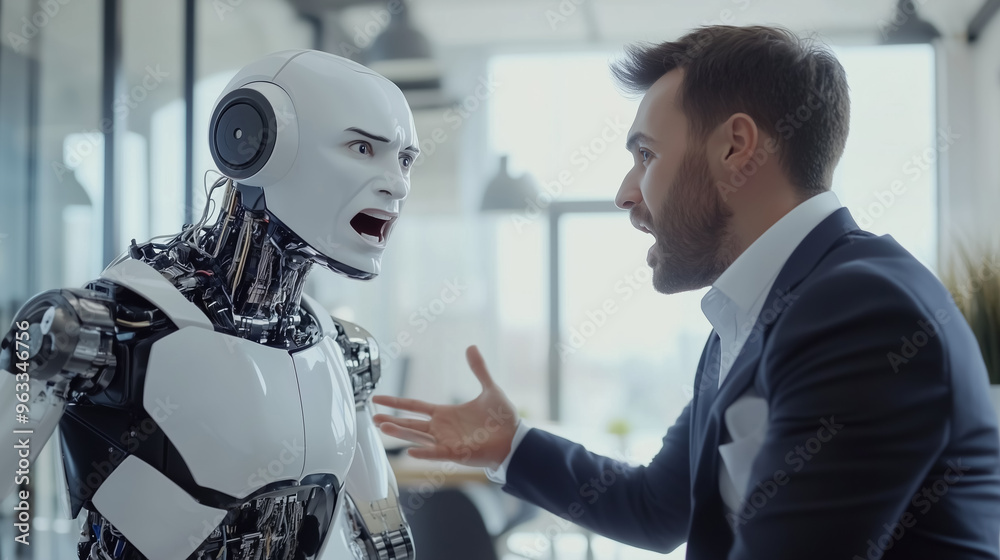 A man passionately arguing with a humanoid robot in a modern office ...