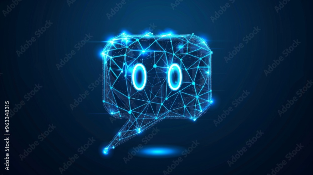 Digital blue dialog bubble icon in low poly wireframe, speech bubble ...