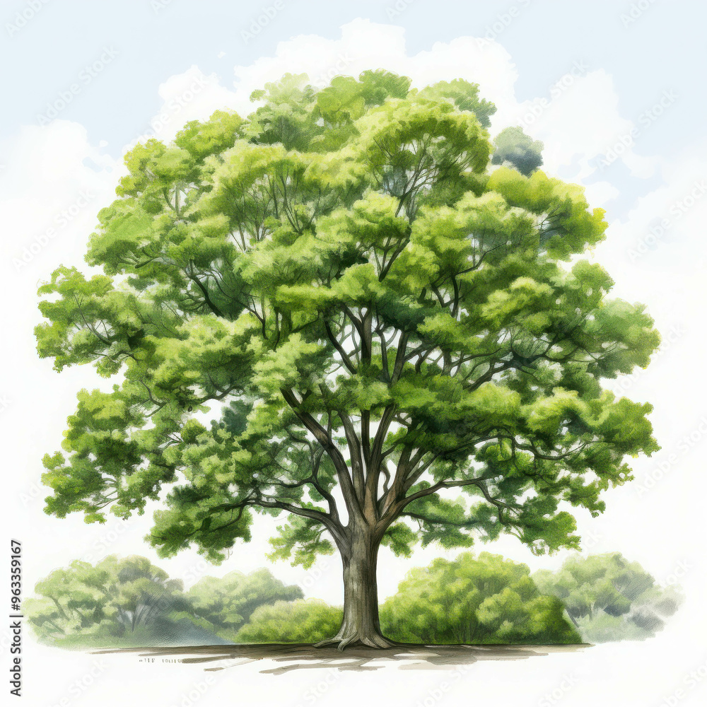 Majestic Oak Tree: A solitary oak tree stands tall against a white ...