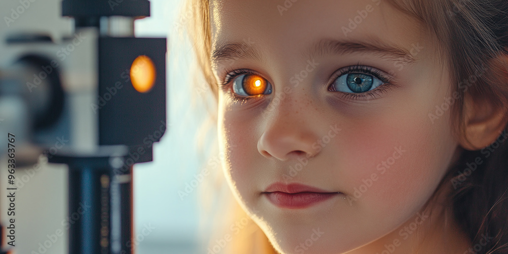 A young girl undergoes an eye examination using a slit lamp. This scene ...