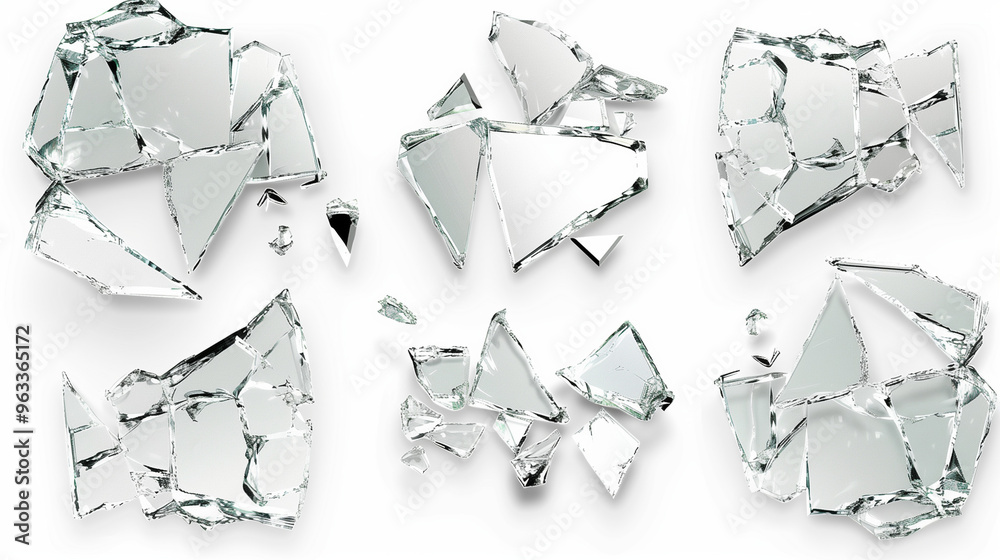 Broken mirror multiple angles front left right back, intricate cracks ...