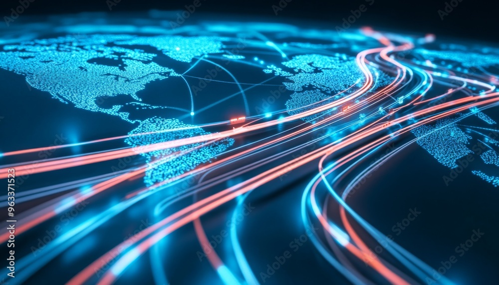 Photo & Art Print digital highway overlaid on a world map, Global ...