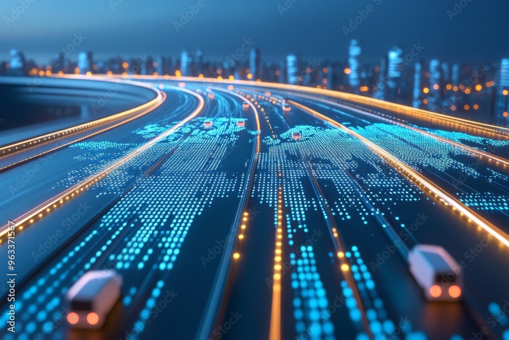 digital highway overlaid on a world map, Global Connectivity and ...