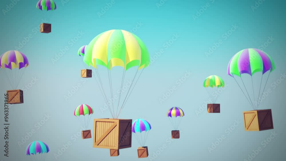 A Fabulous Footage Of Colorful Parachutes Aerial Delivering Crates ...