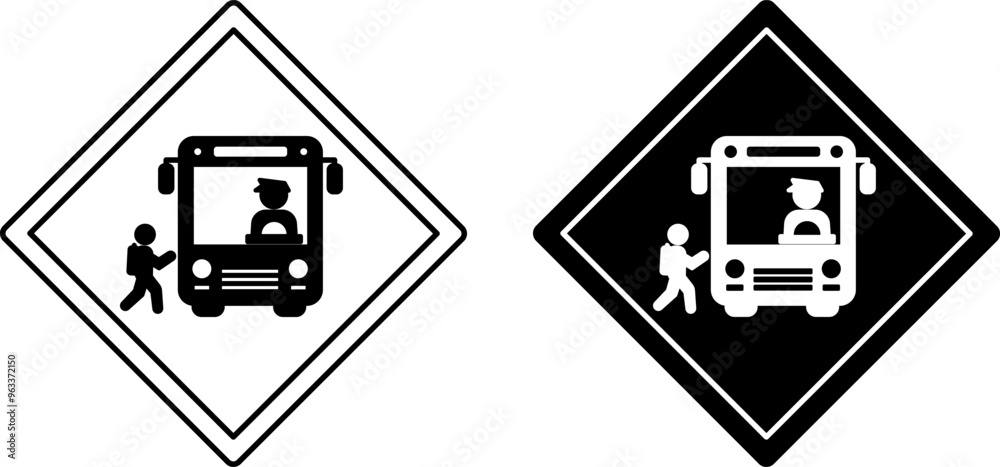 Signs School Bus Warning. Road Sign. Bus Stop. Schoolboy Entering ...