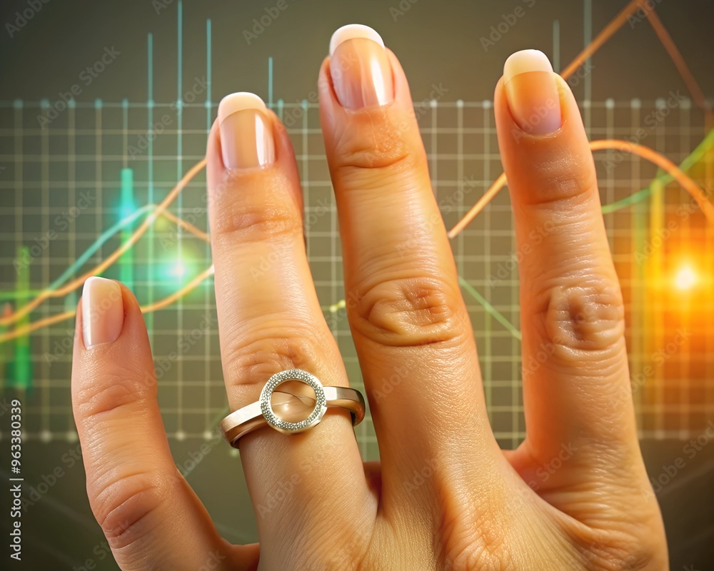 The finger wears a minimalist ring. holographic image projected from ...