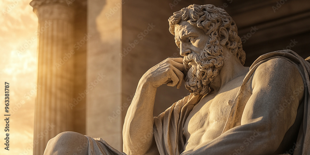 Ancient stone statue of a philosopher in a pensive pose in a large ...