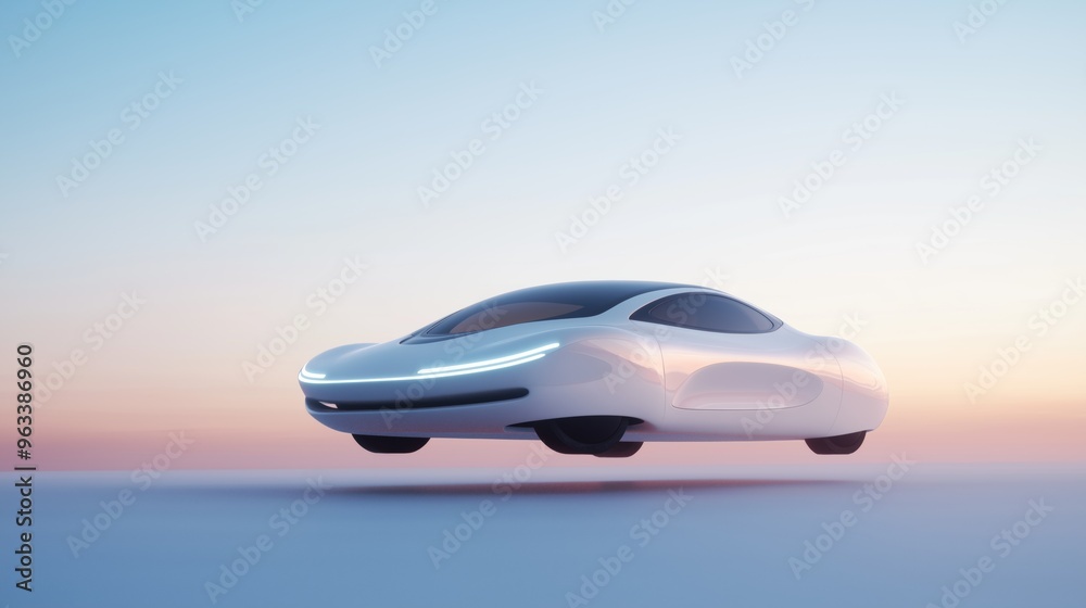 Futuristic floating car design with sleek curves against a pastel ...