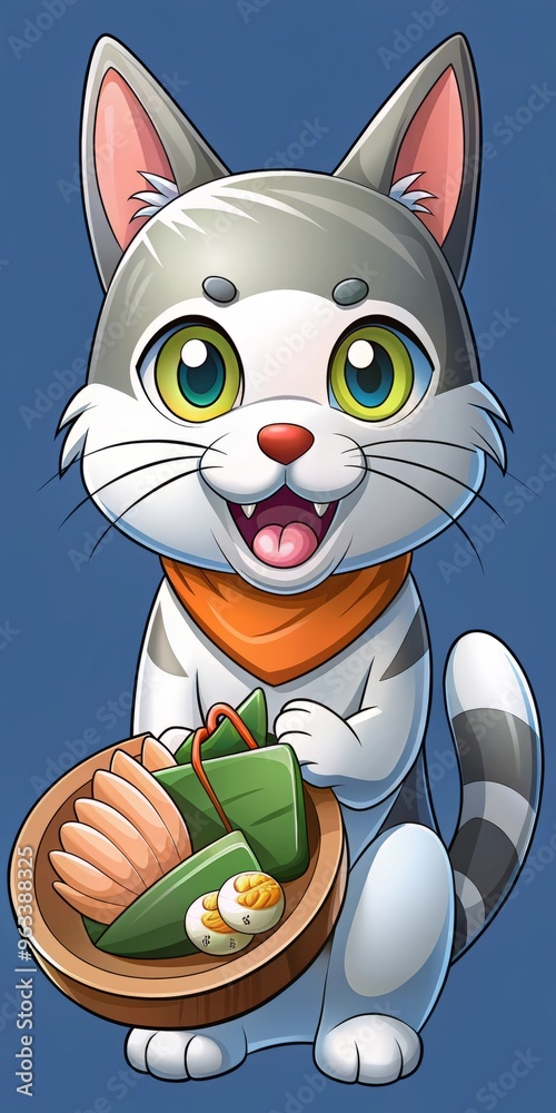 Adorable cartoon cat holding a plate of zongzi rice dumplings with its ...