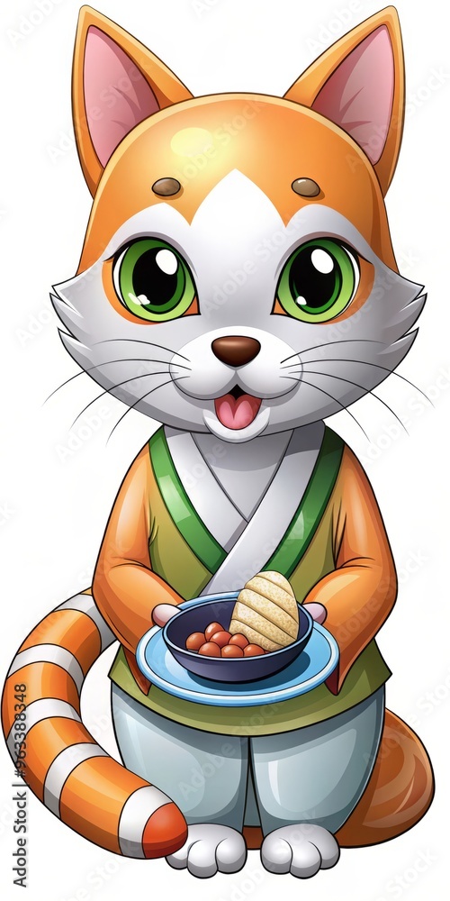 Adorable cartoon cat holding a plate of zongzi rice dumplings with its ...