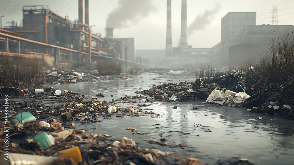 Polluted wastewater and waste from an industrial factory. The image ...