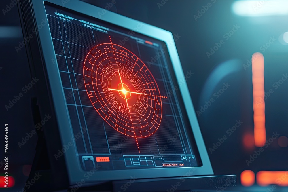 A Glowing Red Radar Screen, Centered in a Dark, Futuristic Setting. The ...