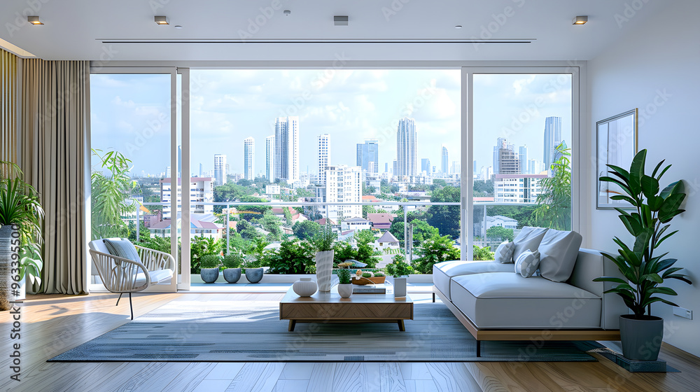 condo living room with big glass window cityscape view at twilight time ...