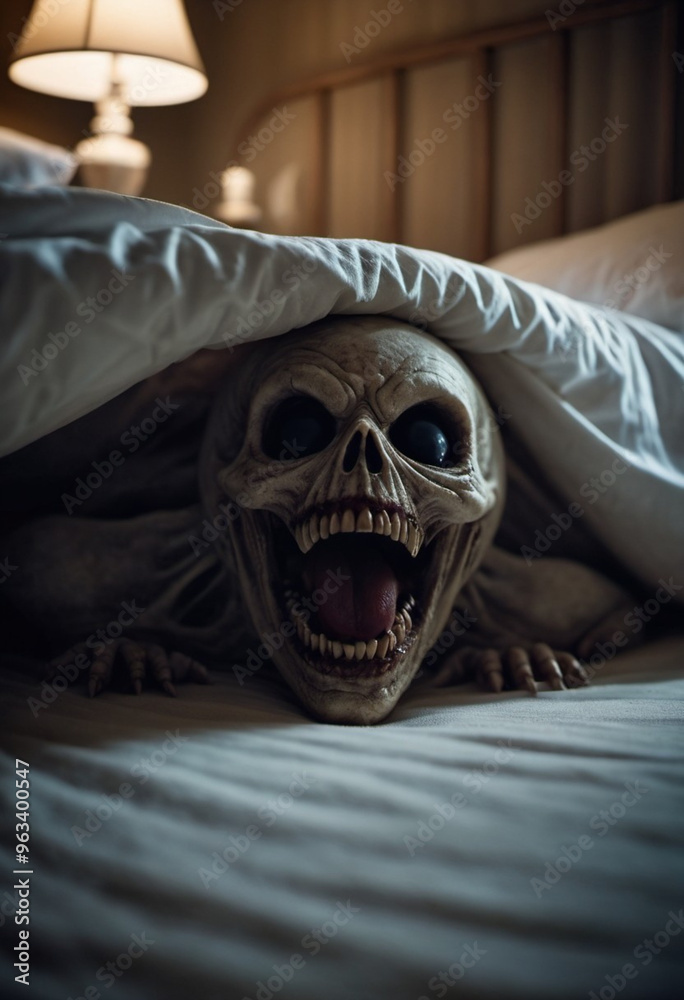 Terrifying nightmare creature lurking beneath bed in dimly lit bedroom ...