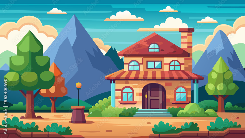 Minimalist kid 2d game background house cartoon vector art illustration ...