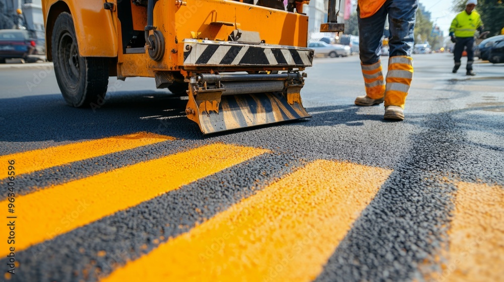 Process of making new road surface markings with line striping machine ...