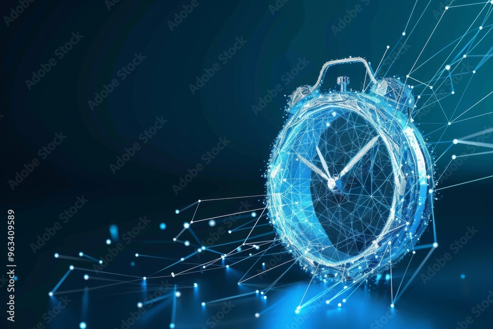 Digital stopwatch clock in low poly wireframe, smart timing technology ...