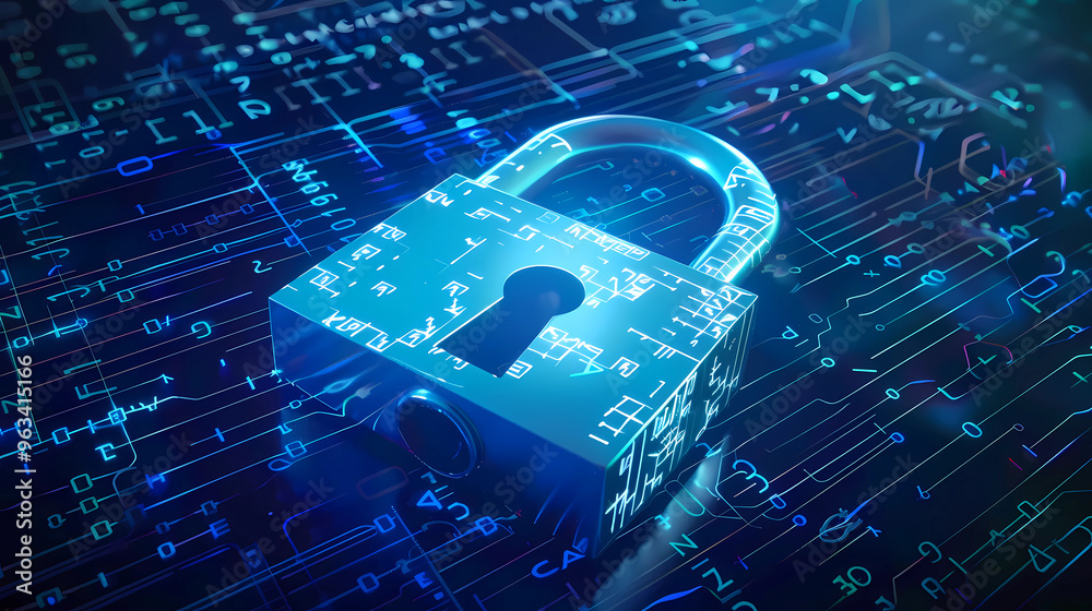 digital and futuristic cyber security. Central to the image is a ...