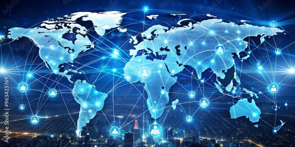 Global Network of Connected People, World Map, Digital Connections ...