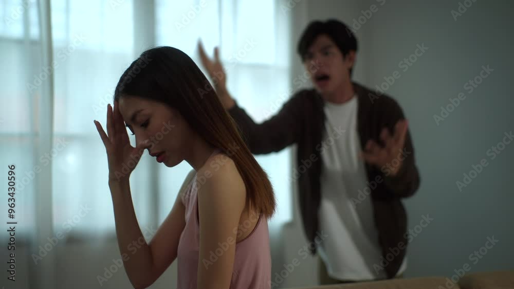 Stressed asian couple arguing with bad relationship at home, young ...