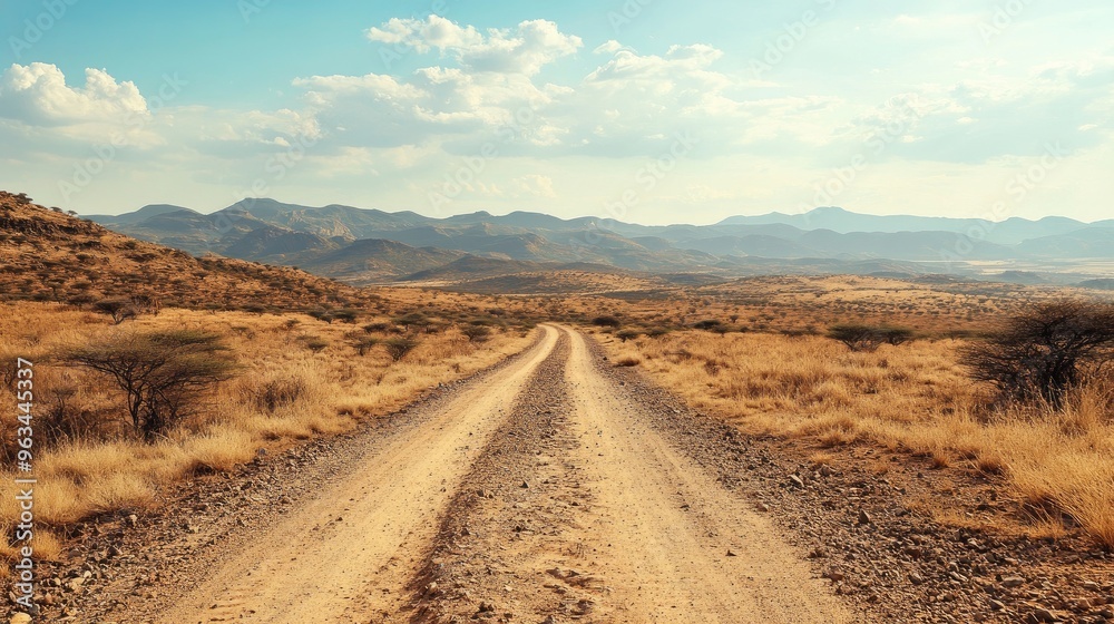 An arid landscape with dusty roads and dried-up vegetation ...
