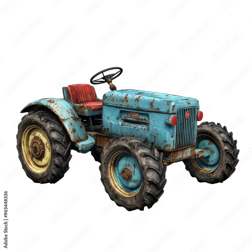 A blue tractor with a red seat and a red steering wheel. The tractor is ...
