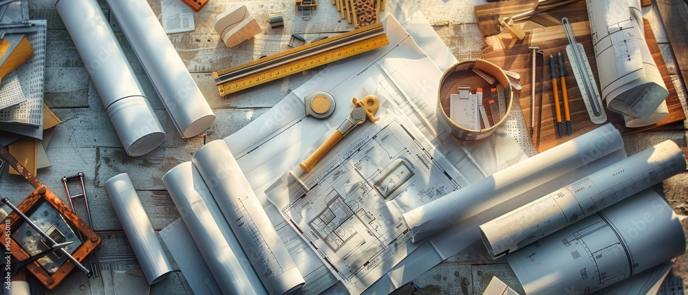 Architect's workstation from above, showcasing blueprints, rolled-up ...