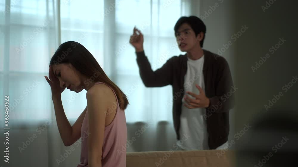 Stressed asian couple arguing with bad relationship at home, young ...