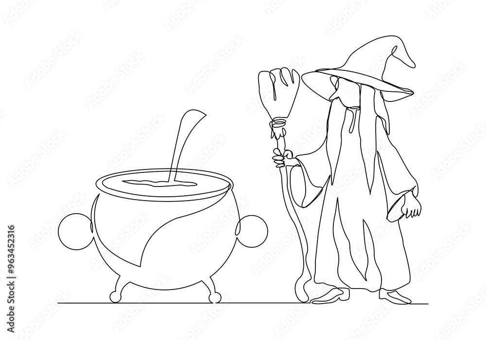 Continuous single line sketch drawing of wizard witch holding magical ...