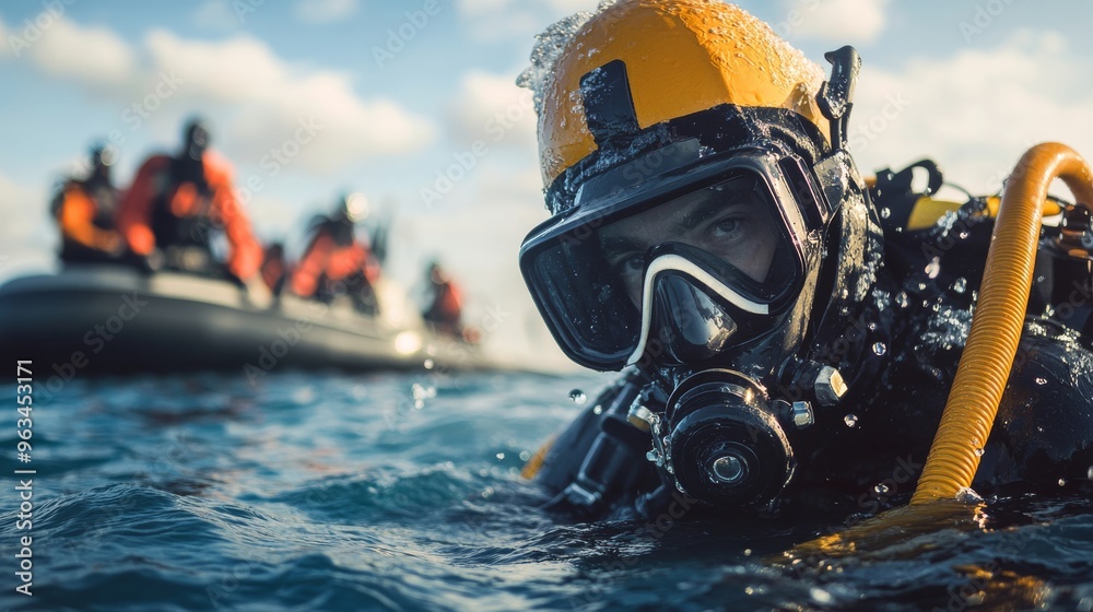 A commercial diver in full gear, including helmet and breathing ...