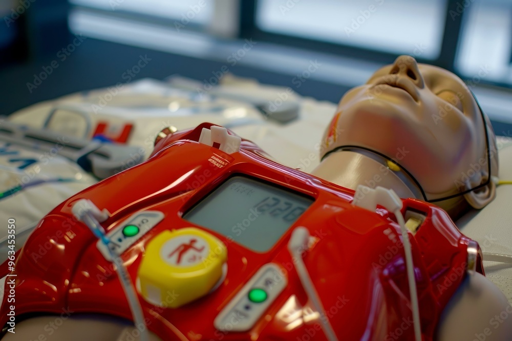 Medical training dummy is lying on a hospital bed with a defibrillator ...