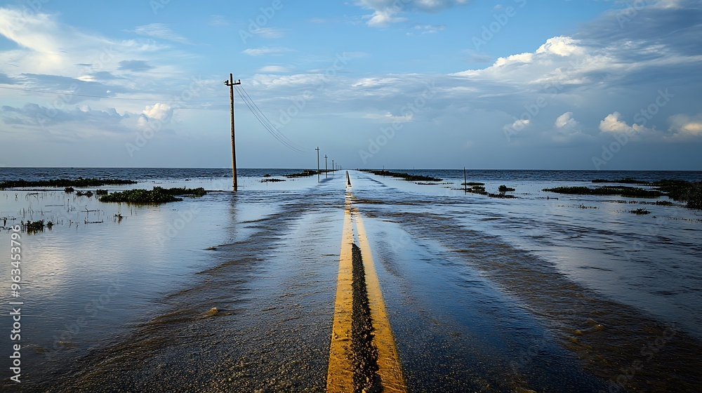 A low-lying coastal road submerged in seawater during high tide ...
