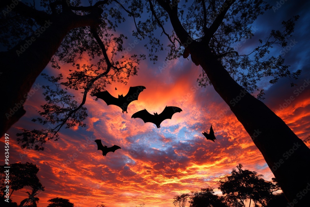 Bats flying above the camp, their silhouettes cutting through the sky ...